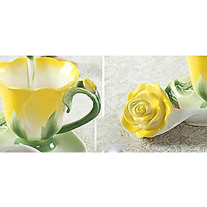 YBK Tech Creative 3D Rose Bone China Ceramic Coffee Mugs Afternoon Tea Cup and Saucer Set (Yellow)