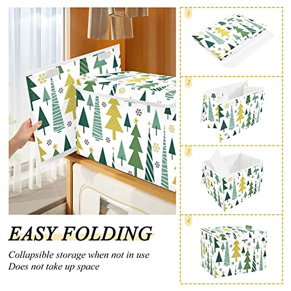 CaTaKu Christmas Tree Geen Storage Bins with Lids and Handles, Fabric Large Storage Container Cube Basket with Lid Decorative Storage Boxes for Organizing Clothes