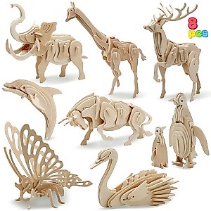 JOYIN 8 Pcs DIY Kids 3D Wooden Puzzles, Animals Brain Teaser Puzzles, Kids Arts and Crafts, Indoor Activity, Non-Toxic Plywood with Grooved Edges, Christmas Fun Gifts Classroom Prize
