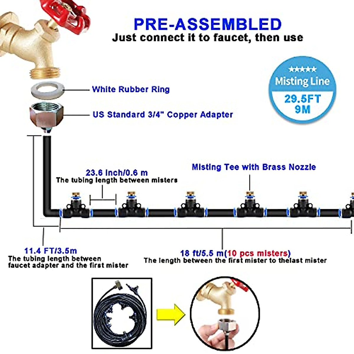DUN Misters for Outside Patio 29.5ft(9m) Outdoor Misters Cooling System Misters Cooling Kit Whit 11 Copper Mister Nozzles + A Connector(3/4) for Patio Garden Greenhouse Garden Irrigation
