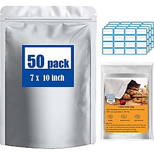 50 Mylar Bags for Food Storage, Mylar Bags 1 Quart 7"x10"- Thick 10 Mil, Stand-Up Vacuum Sealing Sealable and Ziplock Resealable Bags - Odor Free Heat Resistant, Airtight Food Storage Foil Bags
