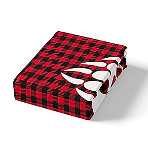 Manfei Kids Bear Paw Print Duvet Cover Set Full Size, Wildlife Footprint Bedding Set 3pcs for Boys Girls Room Decor, Red Black Plaid Print Comforter Cover Animal Theme Quilt Cover with 2 Pillowcases