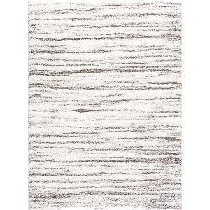 Hauteloom Mette Living Room, Bedroom Shaggy Area Rug - Bohemian Modern Striped Farmhouse Shag - Fluffy Soft Touch High Pile - Gray, White, Vizon - 6'7" x 9'