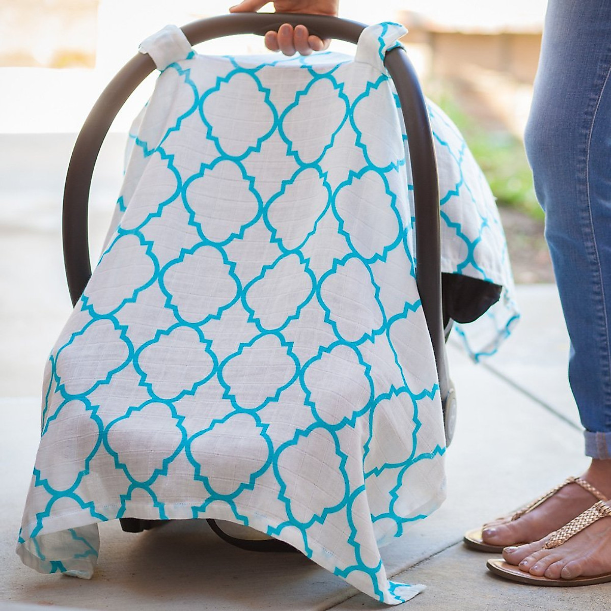 Maddie Moo Car Seat Canopy with Breathable, Muslin for Baby Seats, Blue and White Pattern