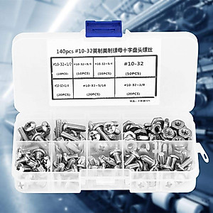 140pcs #10-32 304 Screws and Nuts, Stainless Steel Pan Head Screws Kit Assortment Set Repair Tool Accessory