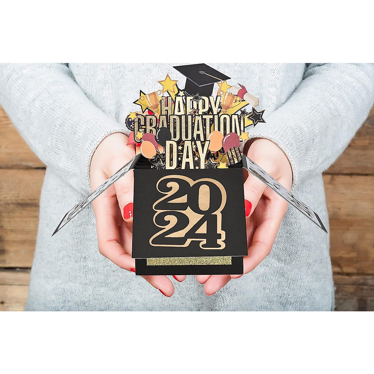 POPGIFTU 2024 Graduation Pop Up Card, Black Gold Pop Up Congrats Grad 2024 Greeting Card with Envelope, Congratulations Graduation Gifts for 2024 High School College University Graduates