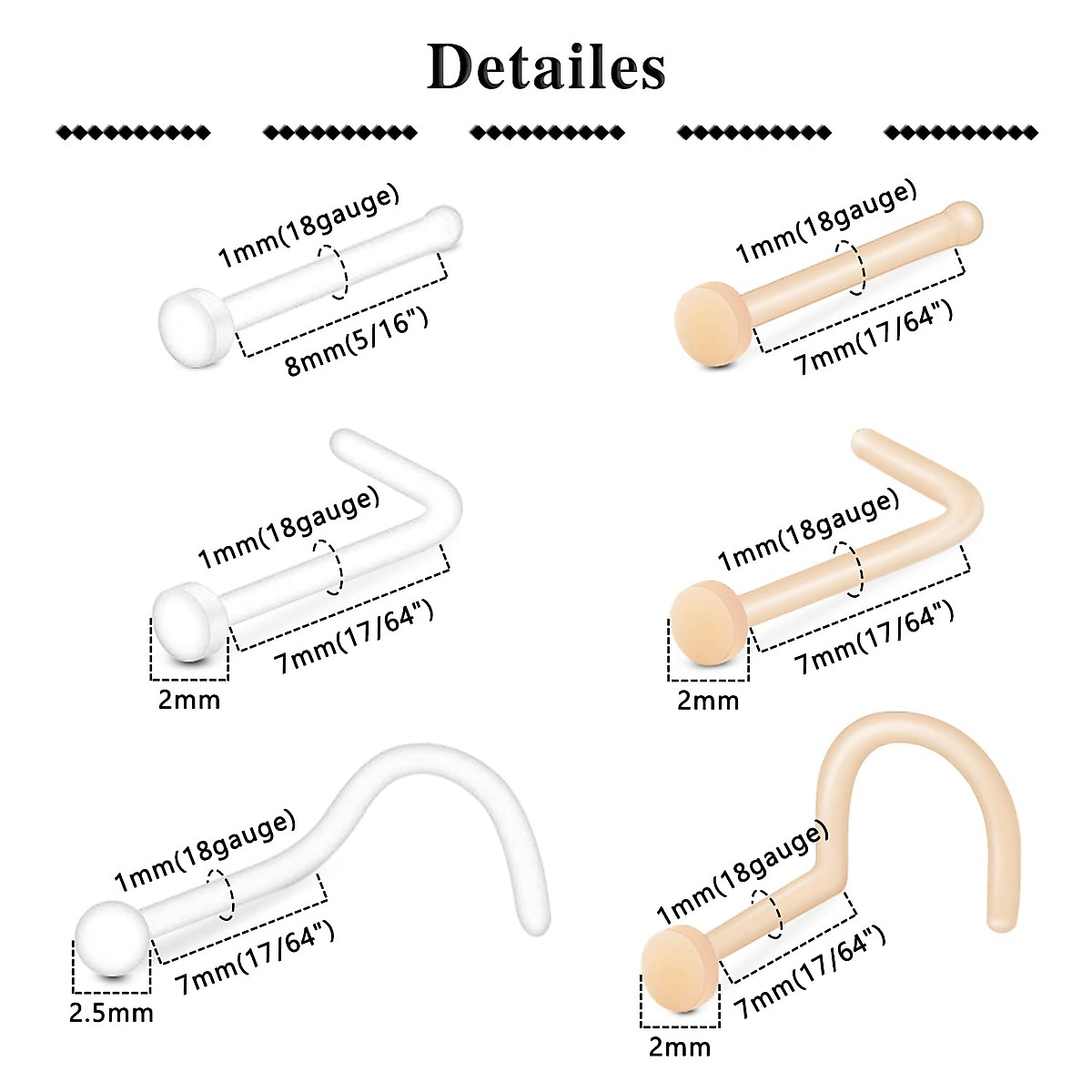 QWALIT Clear Nose Rings Studs L Shape Piercing Retainer Flexible Nose Bone Flesh Skin Color Nostril Piercing Retainer for Work 18g 20g Flat Top