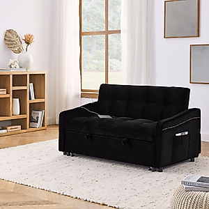 Verfur 3 in 1 Pull Bed Sleeper, Modern Upholstered Loveseat Lounge Sofa & Couches w/Reclining Backrest, Convertible Futon Love Seat Small Furniture for Living Room, Black w/USB Charging