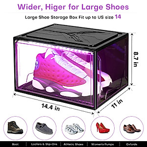 Shoe Storage Organizer for Closet, Foldable Shoe Boxes Rack 2 Pack, Clear Plastic Stackable Containers Bins Holder, Magnetic Sneaker Shelf for Sneakerheads with LED Lights (Black)