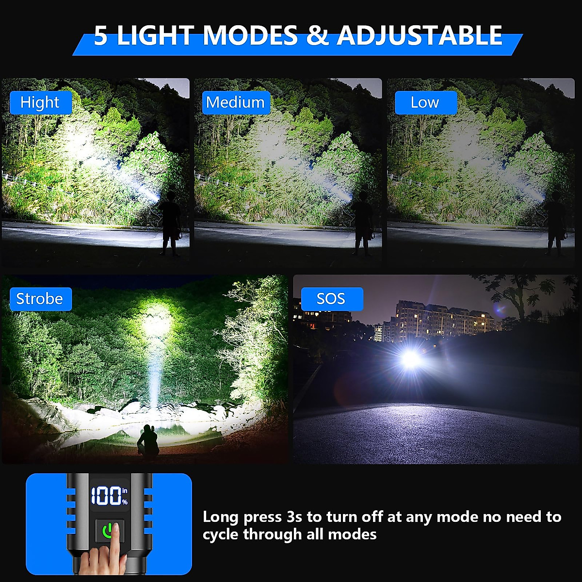 AHHZDZQ Super Bright LED Rechargeable Flashlight, 120,000 High Lumens Flashlights, XHM77.2 Zoomable Tactical Flashlight with 5 Modes, Brightest Waterproof Flashlights for Emergencies, Camping, Hiking