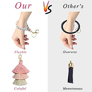 Bisanzoya Beaded Keychain with Tassel, Silicone Key Ring Bracelet, Boho Car Key Chain Wristlet Cute Tassel for Women and Girls (Pink)