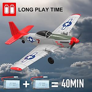 VOLANTEXRC RC Plane Ready to Fly for Beginners, 2.4Ghz 2CH RC Airplane P51 Mustang Toy Gift for Kids & Adults, with Gyro Stabilization System&2 Batteries (762-3)