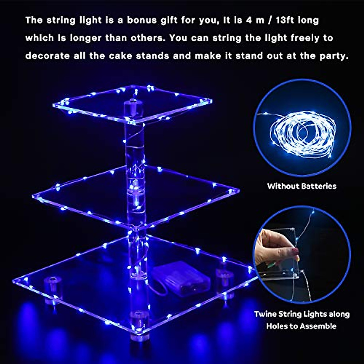 YestBuy 3 Tier Square Cupcake Stand - Premium Cupcake Holder - Acrylic Cupcake Tower Display - Cady Bar Party Décor + LED Light String - Ideal for Weddings, Birthday Parties(Blue Light)