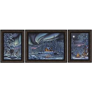 Rivers of Life, Aurora Bliss and Fire & Ice Trilogy by Kim Norlien 3 Framed Print Grouping Northern Lights Wolves Log Cabin Winter Full Moon Stars Campfire Art Print Pictures