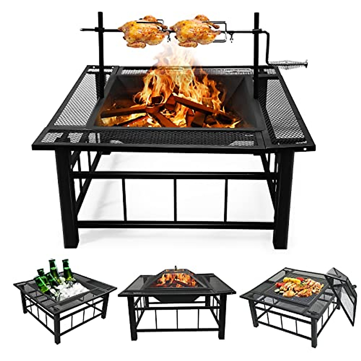 32 Inch Fire Pit Table with Swivel Grill for Outside, Large Square Outdoor Wood Burning Firepit with BBQ Grill Grate, Mesh Spark, Log Grate, Poker for Backyard Garden Patio Camping Picnic