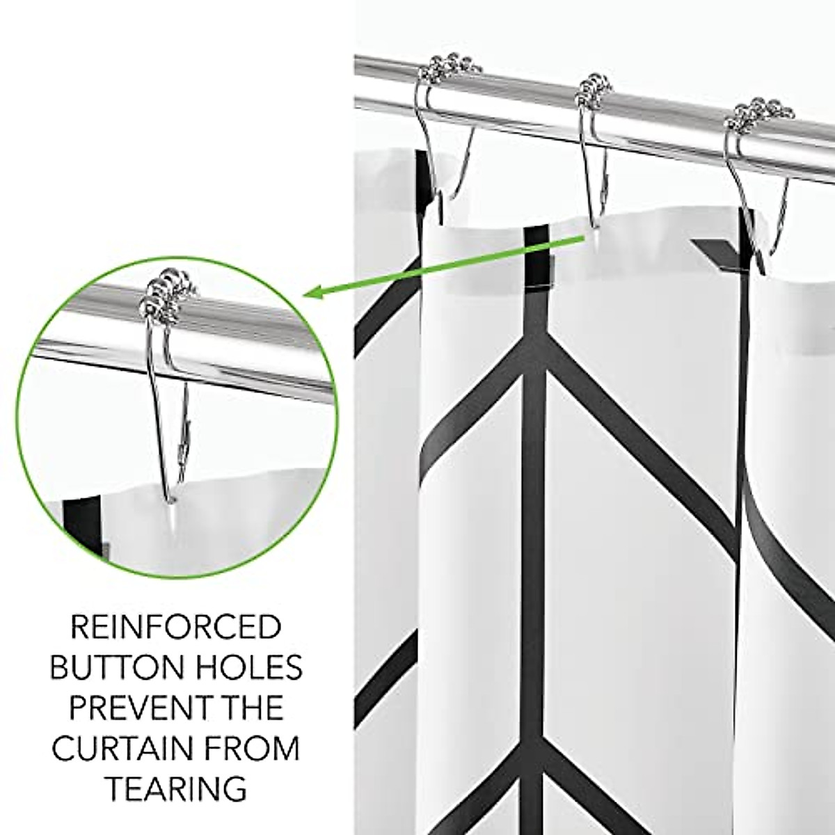 mDesign Fabric Geometric Shower Curtain - Herringbone Chevron Print with Reinforced Buttonholes for Master/Guest Bathroom - Machine Washable & Water Resistant Curtains - 72" x 72" - Black/White
