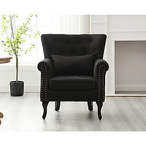 KCC Living Room Accent Chair Mid Century Modern Reading Arm Chair for Bedroom, Upholstered Club Chair Single Sofa Chair with Tufted Back, Rubber Wood Legs and Lumbar Pillow, Black