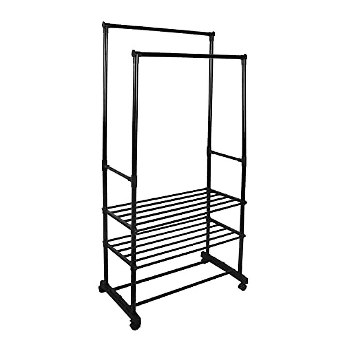 ZOES HOMEWARE Clothes Rack,Double Rod Clothing Rack on Wheels,Large Metal Heavy Duty Clothing Rack with 3 Shelves for Hanging Clothes,Black Rolling Clothes Rack, 65"x 31" x16"