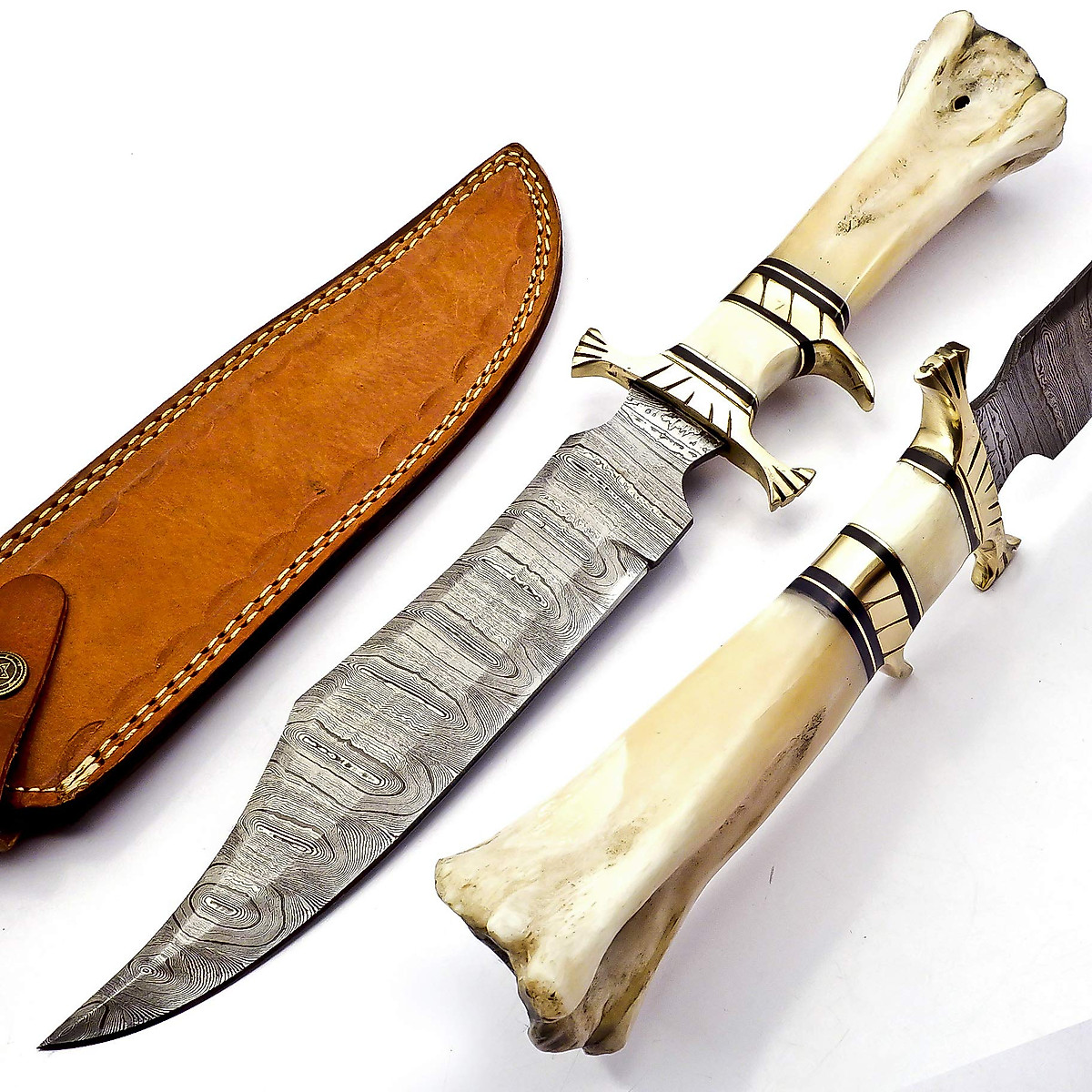 HandSmith™ 15" Handmade Damascus Steel Hunting Knife, Hand Forged Damascus Steel Fixed Blade Bowie Knife, Genuine Leather Sheath, Camel Bone Handle Firm Grip (White)