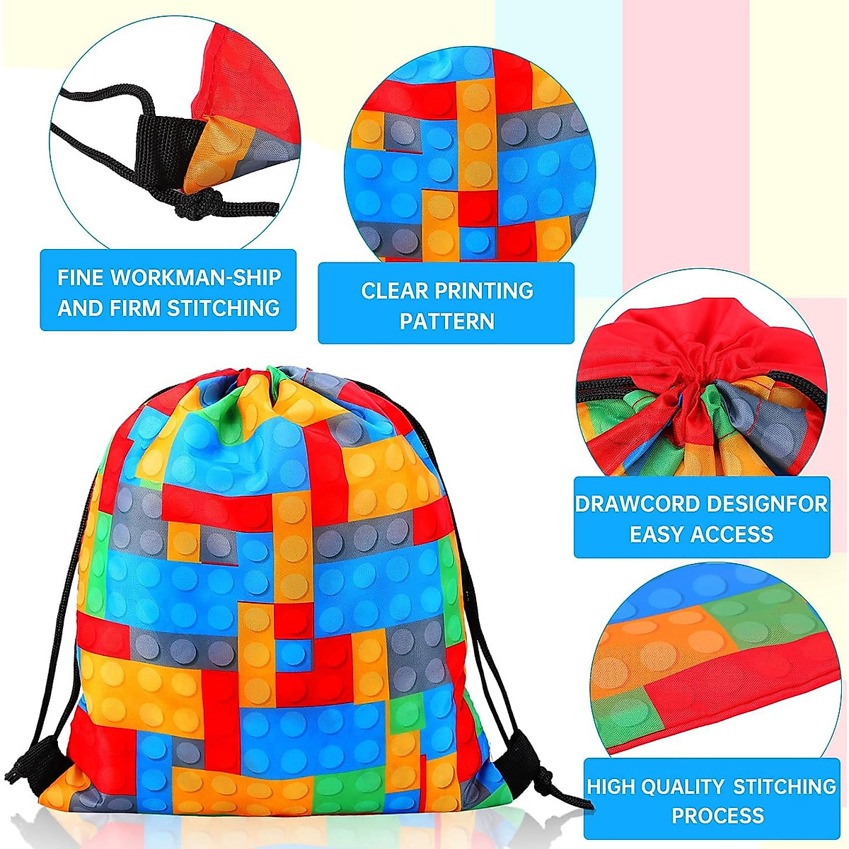 12PCS Building Blocks Drawstring Gift Bags,Building Blocks Drawstring Backpack Party Favor Bags,Kids Birthday Goodie Bags Candy Treat Gift Bags for Boys Girls Building Blocks Party Supplies,10x12 inch