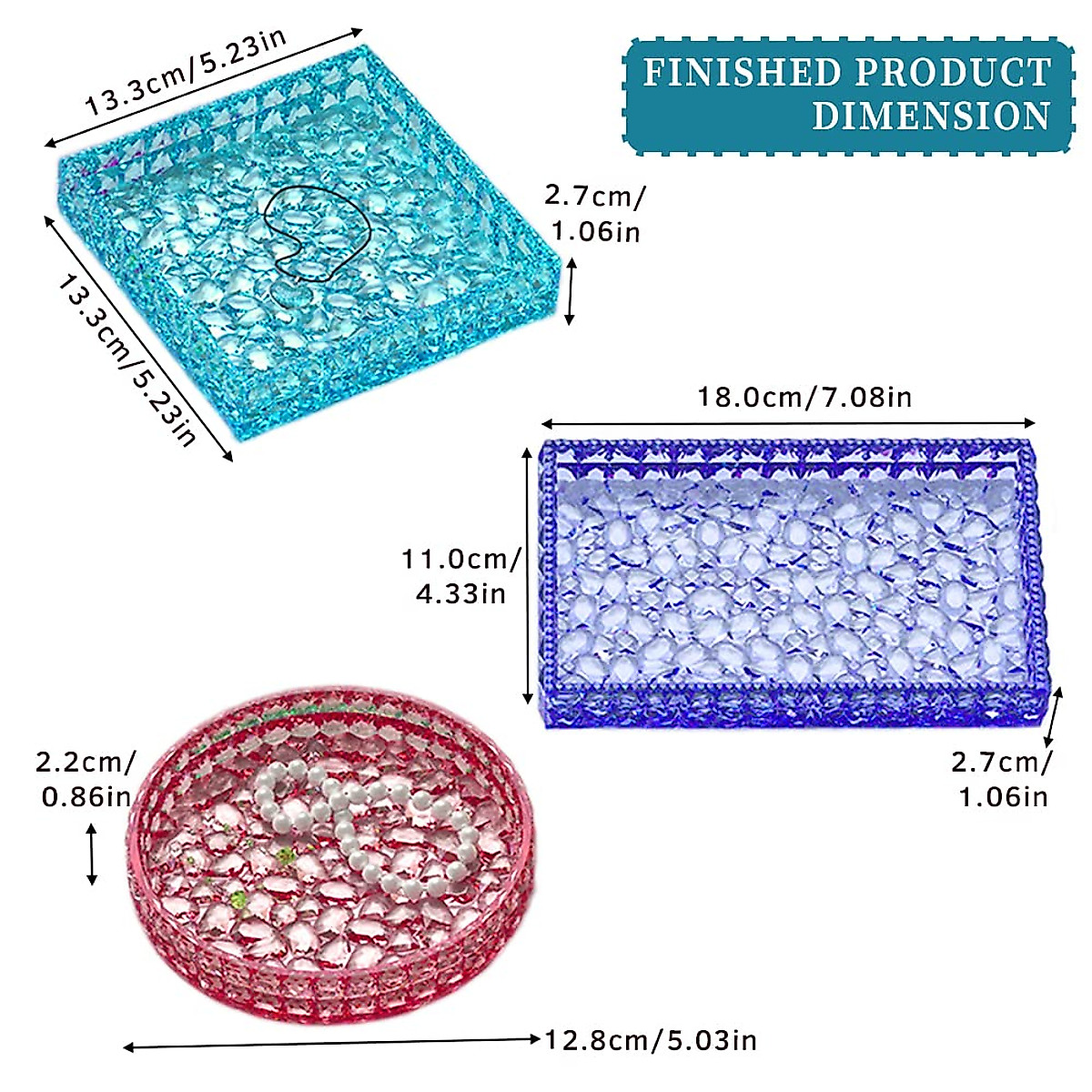 3PCS Diamond Resin Tray Mold with Edges, Silicone Tray Mold for Resin Casting, Square Rectangle Round Epoxy Mold DIY Jewelry Plate Box Candle Holder Container Resin Art Craft Making Supplies