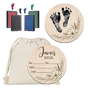 Mayyi Newborn Birth Announcement Sign,Personalized Newborn Handprint and Footprint Sign,Custom Engraved Wooden Baby Name Sign,Newborn Photo Props, Hello World Newborn Announcement for Hospital