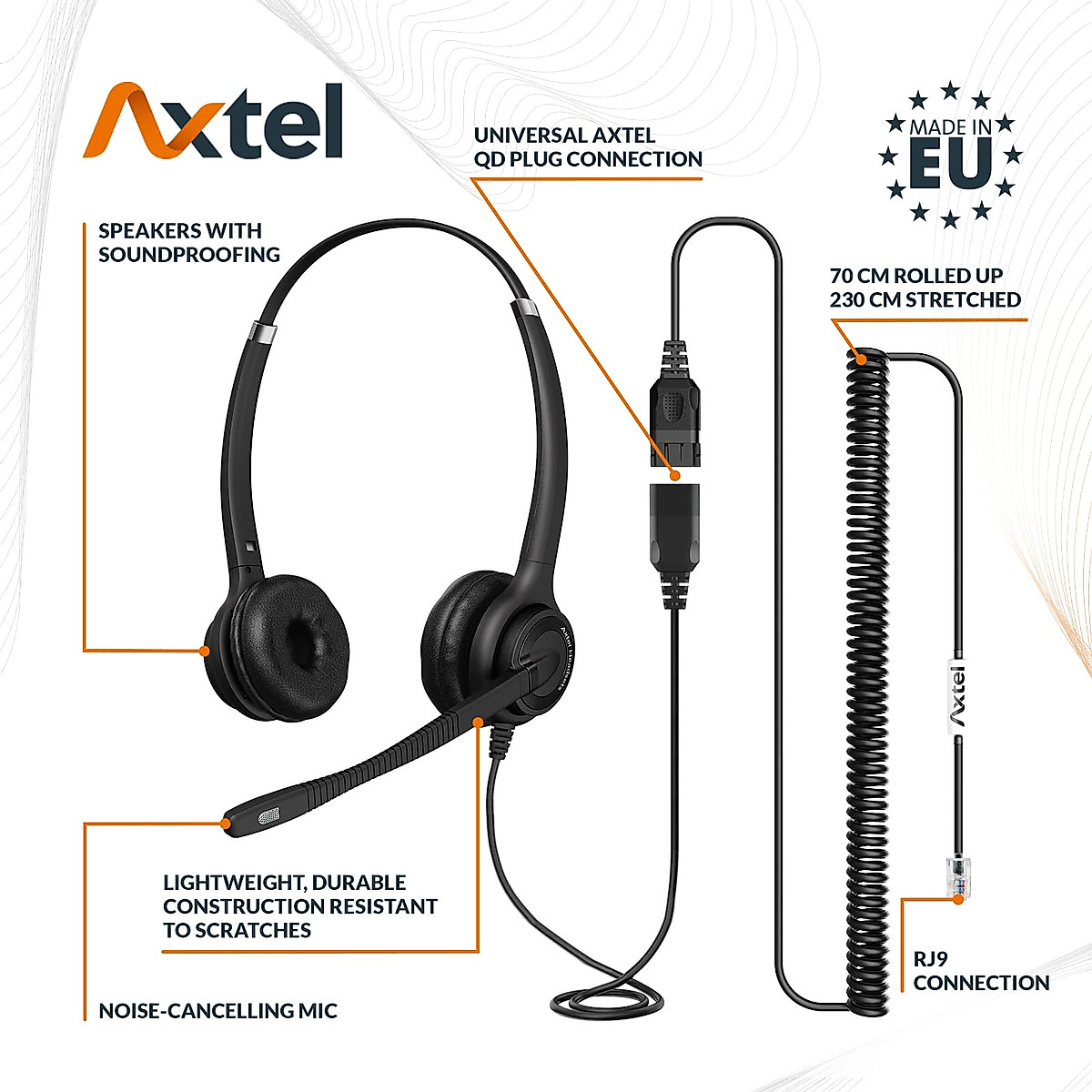 Axtel Bundle Elite HDvoice Duo NC with AXC-01 Cable | Noise Cancellation - Compatible with Avaya 2400/4600 Series, Mitel 6800 Series, NEC DTL/ITL Series, Nortel
