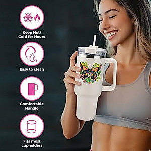 LB LEOBON 40 ounce insulated cup with handle, double-layer vacuum stainless steel material, equipped with straw, can keep warm or maintain cold drinks Butterfly Flowers 2 wathet