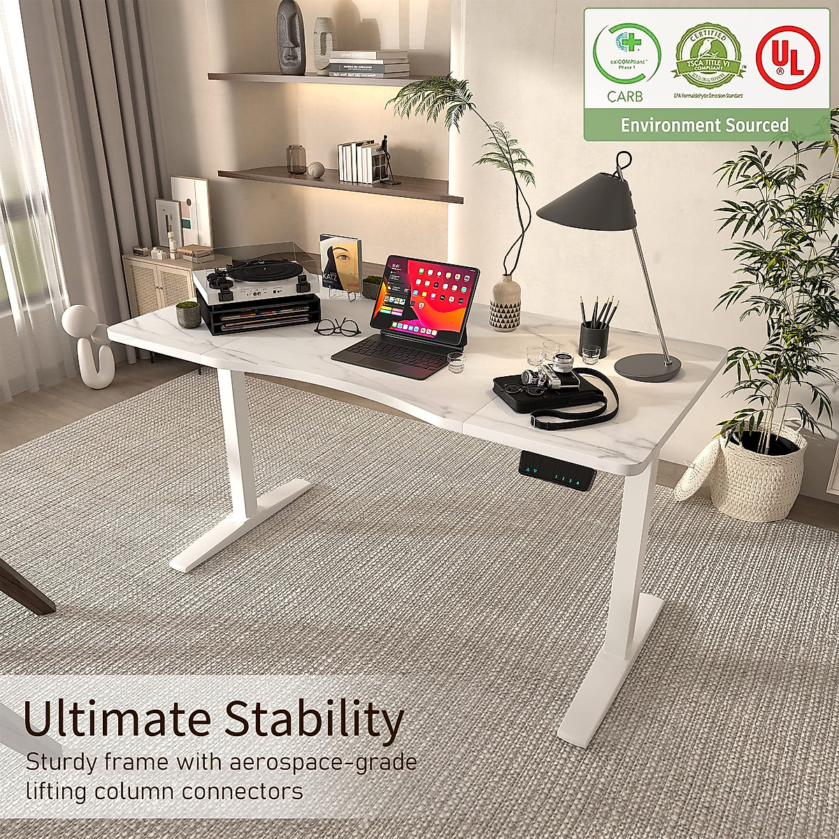 Monomi Height Adjustable Electric Standing Desk, 55 x 28 Inches Stand up Desk, Sit Stand Home Office Computer Desk(White Frame+Marble White Top)