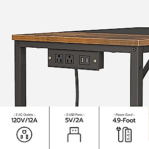 HOOBRO Computer Desk, Home Office Desk with Power Outlet, Modern Study Writing Desk with 4 Hooks for Study Room, Home Office, Sturdy and Stable, Easy to Assemble, Rustic Brown and Black BF40UDN01