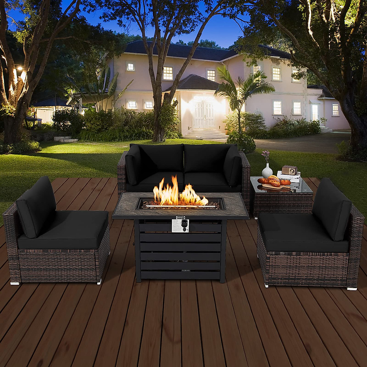 Tangkula 6-Piece Patio Furniture Set with 42 Inches Propane Fire Pit Table, Outdoor Wicker Conversation Set with Cushions and Tempered Glass Coffee Table, 50,000 BTU Gas Fire Pit Table (Black)