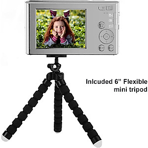 eDealz 44MP Digital Camera Compact Point & Shoot Camera, 16X Zoom, 32GB SD Card, Card Reader 6" Tripod and 6PC Card Holder Kids Camera 2.4" Screen, Vlogging Camera for Teens, Kids, Adults (Silver)