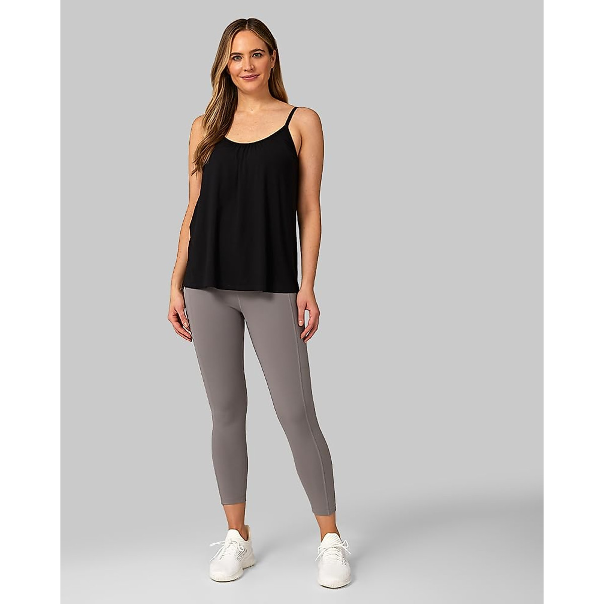 32 Degrees Cool Womens Shirred Flowly Relaxed Lounge Built-in Cups Shelf Bra Tank Cami, Black, Small