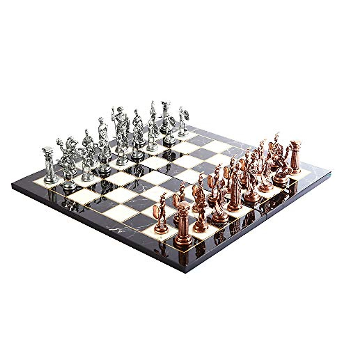 Historical Antique Copper Rome Figures Metal Chess Set for Adults, Handmade Pieces and Marble Design Wood Chess Board King 4 inc