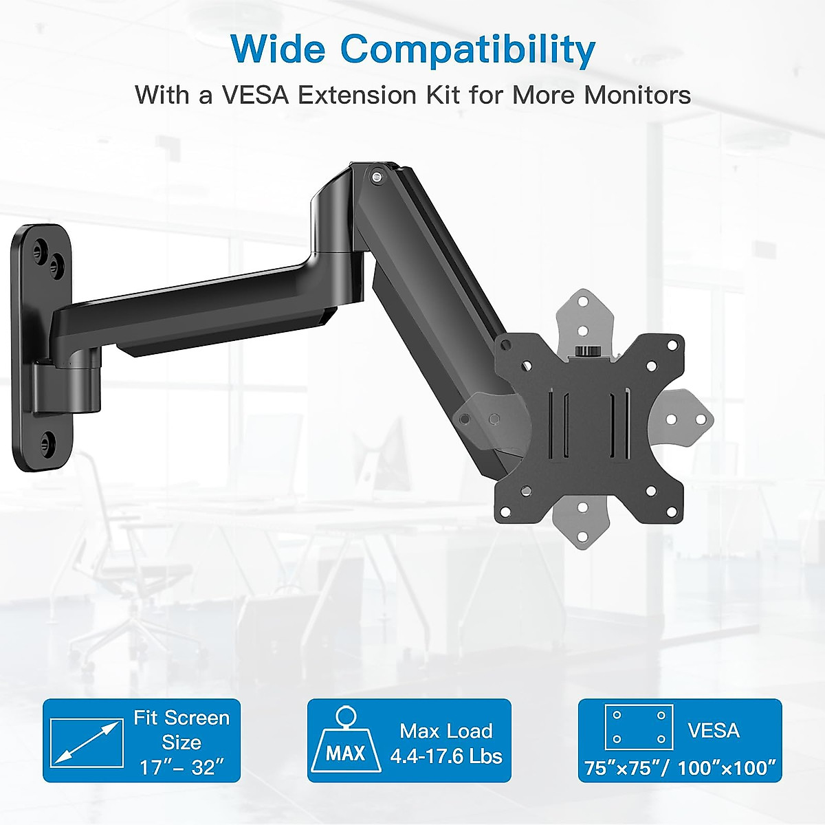 HUANUO Single Monitor Wall Mount for 13 to 32 Inch Computer Screen, Monitor Wall Mount Arm Holds up to 17.6lbs, Height Adjustable Full Motion Gas Springcore Wall Monitor Mount-VESA Mount 75x75,100x100