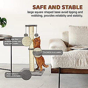 PEEKAB 32“Tall Cat Scratching Post Sisal Rope Scratch Posts with Soft Plush Platform Top and Interactive Ball Toys Vertical Scratcher for Indoor Cats Kitten (Gray)