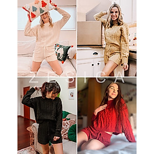 ZESICA Women's Casual 2 Piece Sweater Sets Long Sleeve Cable Knit Pullover Tops and Drawstring Shorts Sweatsuit Outfits,Apricot,Small