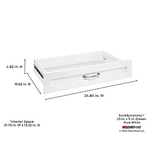 ClosetMaid SuiteSymphony Wood Closet Drawer, Add On Accessory, Shaker Style, For Storage, Closet, Clothes, 25” x 5” Size for 25 in. Units, Pure White/Satin Nickel