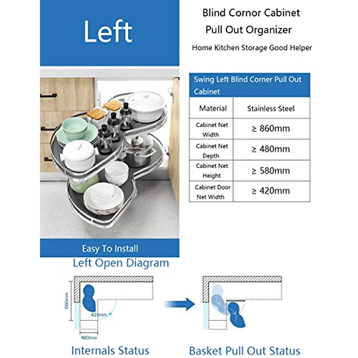 Left Swing Blind Corner Cabinet Pull Out Soft Close Kitchen Cabinet Shelf Organizer with 2 Tier Swing Tray for 860mm Cabinet, Left Handed Open