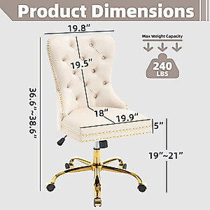 GOOLON Velvet Home Office Desk Chair, Height Adjustable Vanity Chair withTufted Back, Swivel Comfy Seat, Luxury Rivet Trim, Golden Base for Bedroom Living Room, Beige