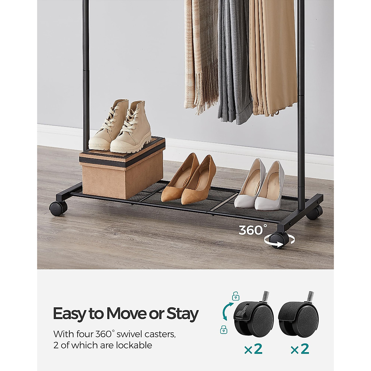 SONGMICS Clothes Rack with Wheels, 35.8 Inch Double-Rod Garment Rack, Clothing Rack for Hanging Clothes, with Dense Mesh Storage Shelf, 44 lb Load Capacity, 2 Brakes, Steel Frame, Black UHSR027B01