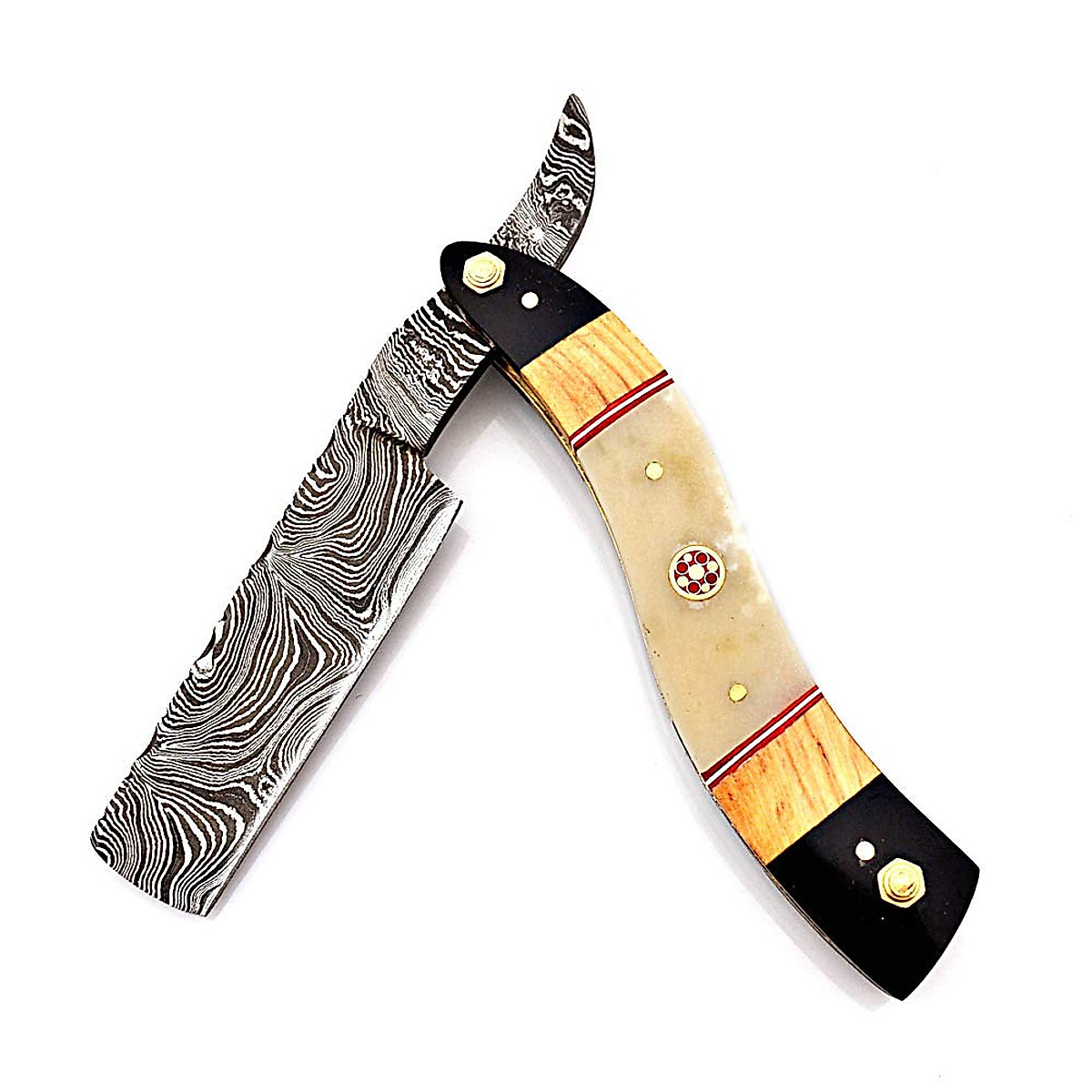 Hand Made Damascus Steel Straight Razor Folding Razor With Shaving Ready Classic Barber Blade Edge, Men Straight Razor, Leather Case + Strop, Close Shave, Great Gift R-50