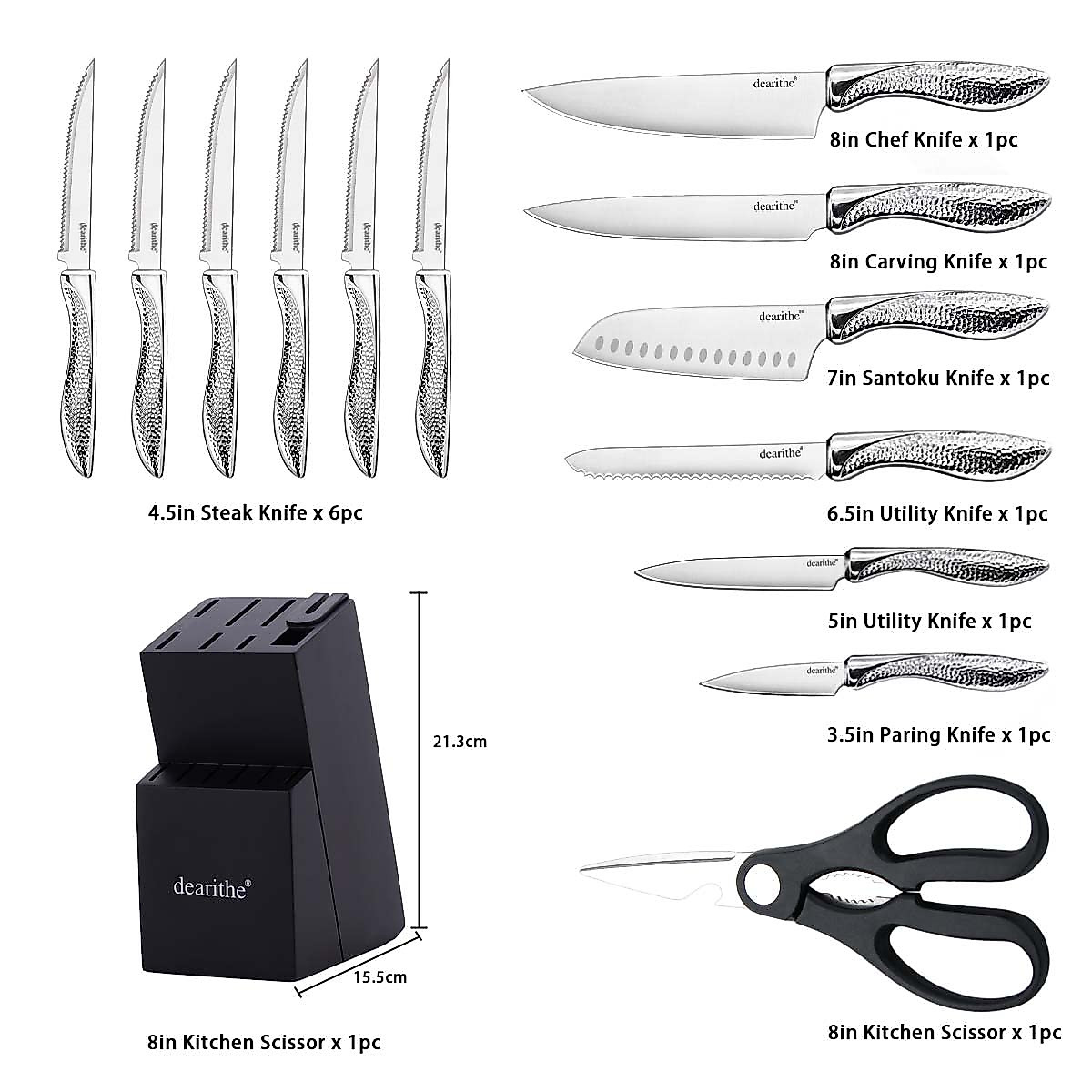 dearithe Knife Sets for Kitchen with Block, 14 Piece High Carbon Stainless Steel Knife Block Set with Built-in Sharpener, Professional Kitchen Knife Set, Hammered Pattern Hollowed Handle Design