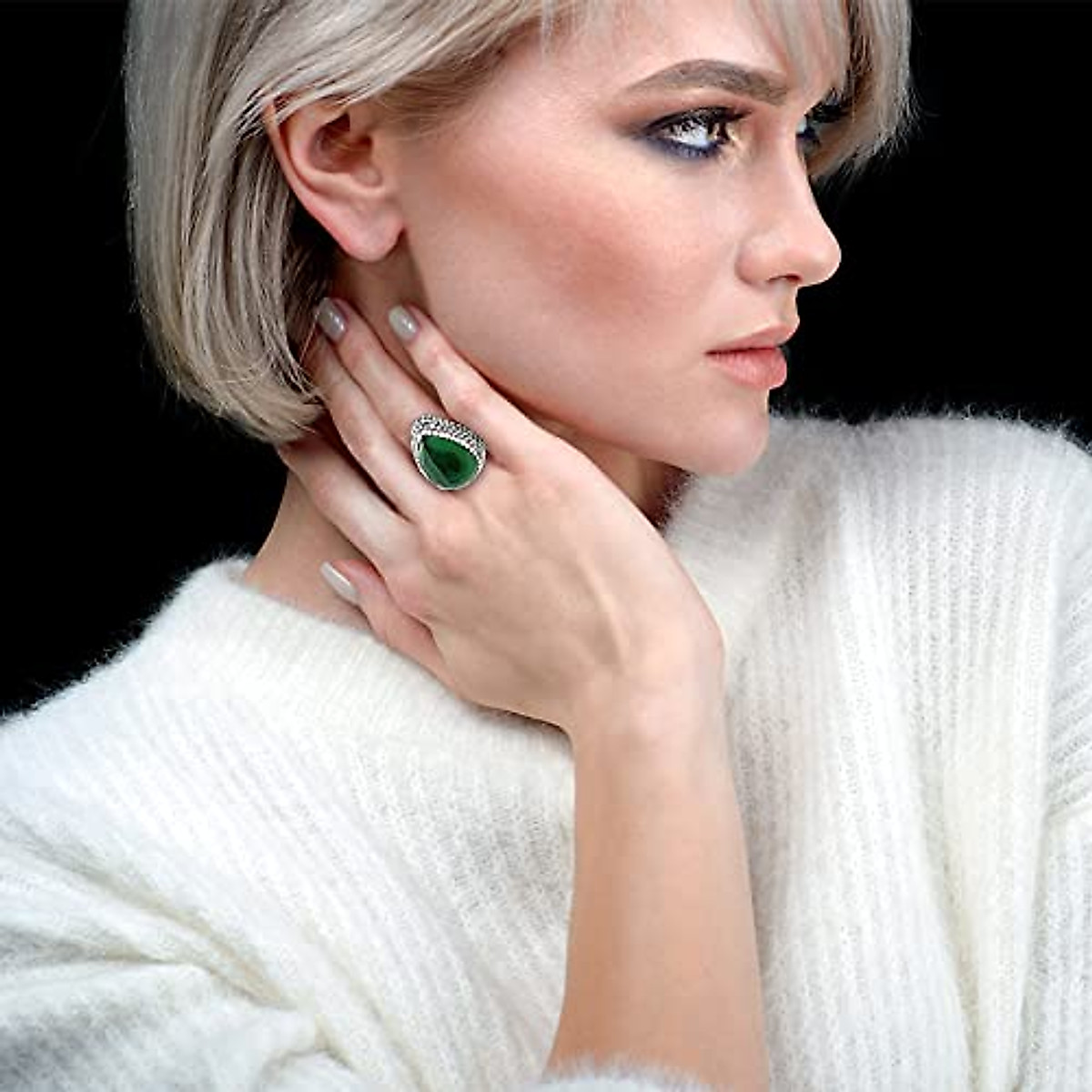 Duel On Jewel Turkish Silver Rhodium Ottoman Sultan Womens Cocktail Teardrop Adjustable Ring Size 6 to 8 in Green Zircon and Accents - Gifts For Mothers Day Bride Wedding Party