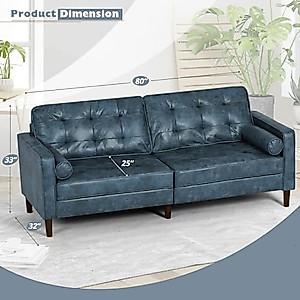Lesofair 80" Faux Leather 2-seat Sofa with 2 Bolster Pillows, Tufted Loveseat with Wooden Legs, Modern Couch Suitable for Living Room, Office, Blue