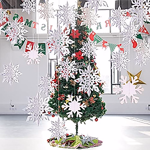 12PCS Winter Christmas Snowflakes Hanging Decorations - 3D White Paper Snowflake Garland with Snowflake Banner for Christmas Holiday Winter Wonderland Frozen Party Decorations