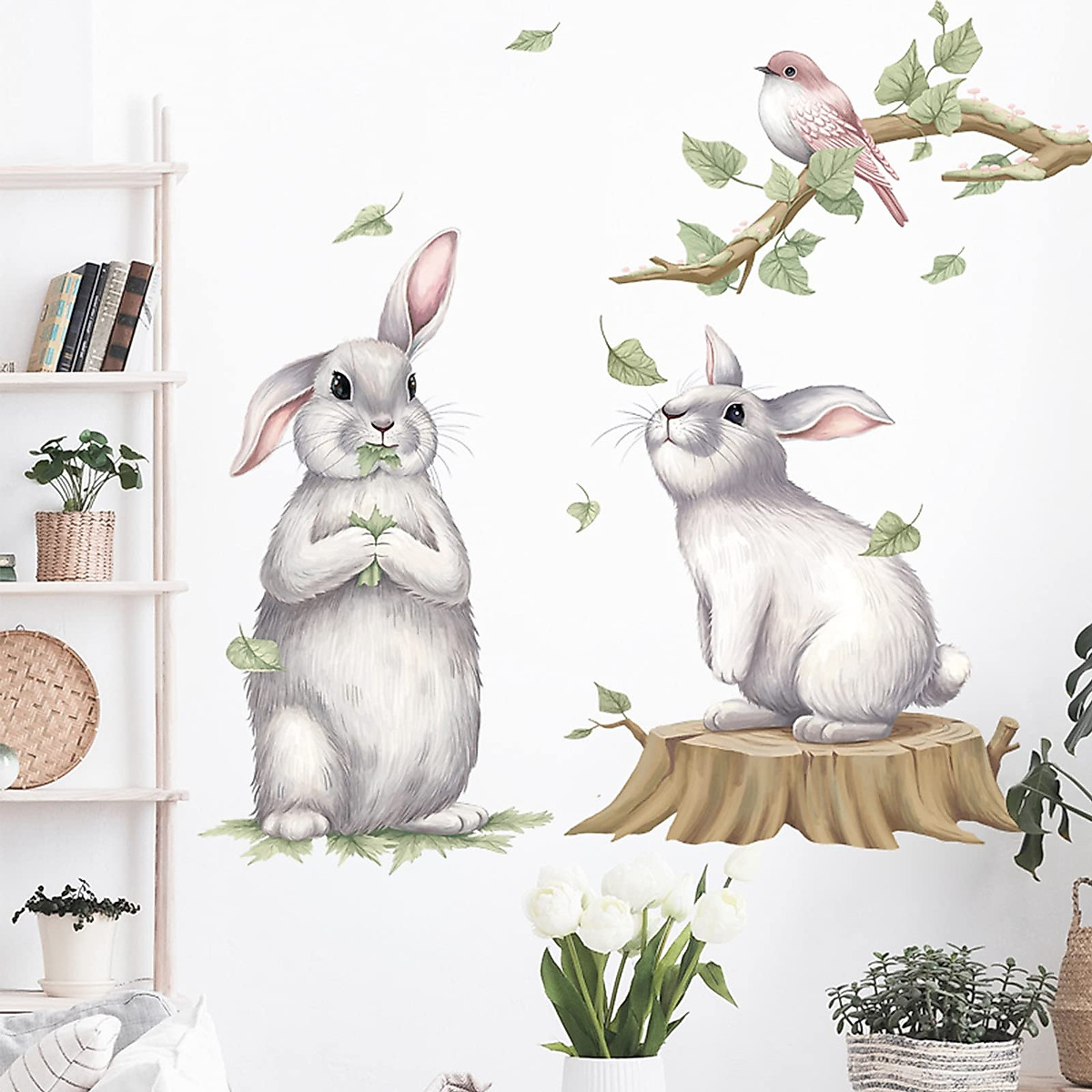 NOA 2 Cute Rabbit Wall Stickers with Bird On The Branches Decals, Removable Cartoon Animal Bunny 3D Vinyl Wallpaper Decor, DIY Art Mural for Nursery Baby Bedroom Living Room