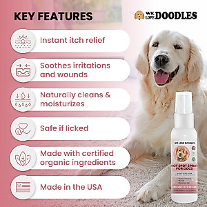We Love Doodles USDA Organic Dog Hot Spot Spray, Itch Relief for Dogs Licking Paws, Made in USA, Anti-Itch Allergies, Dermatitis & Skin Irritation Treatment, Veterinarian Approved, 118mL