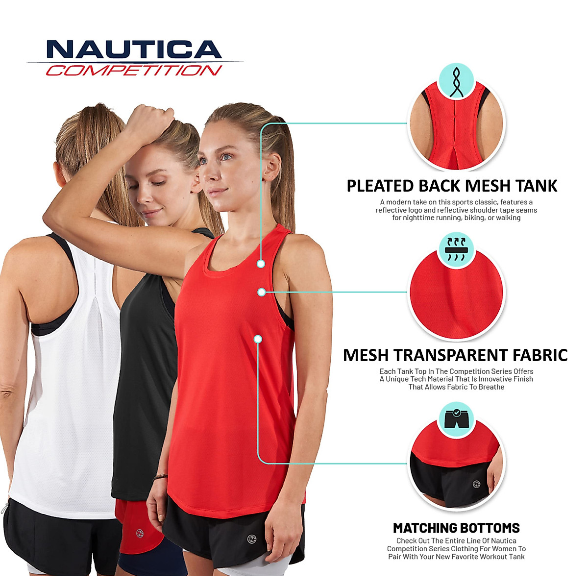 Nautica 3 Pack Mesh Workout Tank Tops for Women Active Athletic Gym Workout Running Exercise Yoga Dry-Fit Fabric