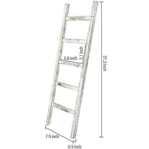 MyGift Vintage White Wood Leaning Blanket Ladder Holder with 5 Hanging Rungs, Farmhouse Towel Ladder for Bathroom Storage, Freestanding 4 Foot Leaning Rack